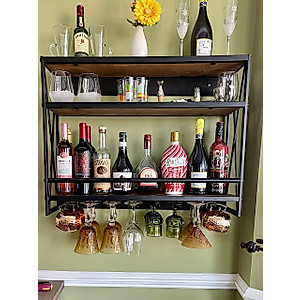 SSS Furniture Industrial Wine Rack Wall Mounted with 8 Stem Wine Glass Holder, 31.5in Hanging Wall Wine Rack Floating Bar Shelves, 3-Tier Wood Shelves Wine Shelf Home Décor Display Rack