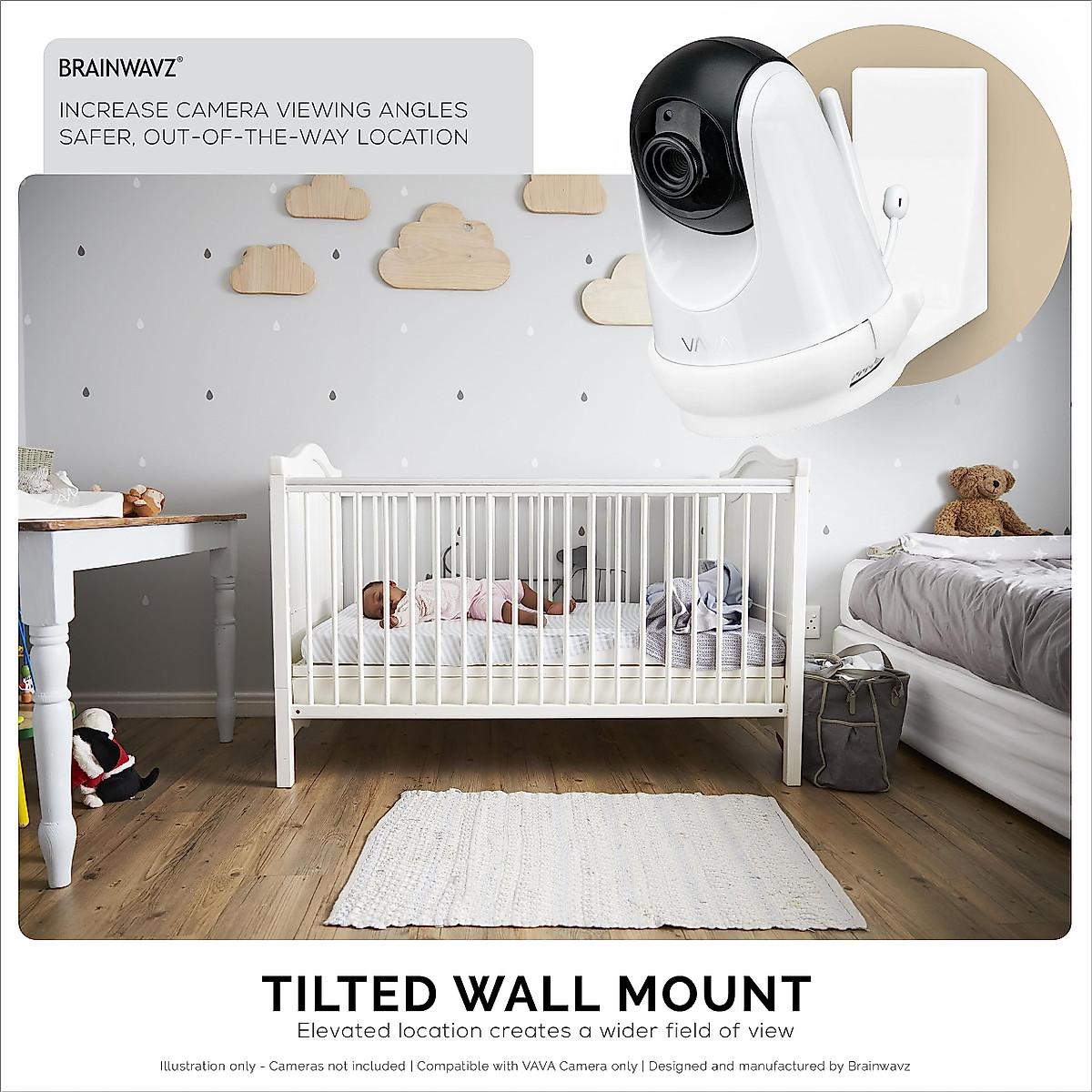 BRAINWAVZ Adheasive Wall Mount for VAVA Baby Monitor Camera (VA-IH006) Shelf - No Screws, Easy to Install, No Mess, Strong Mount Holder, White