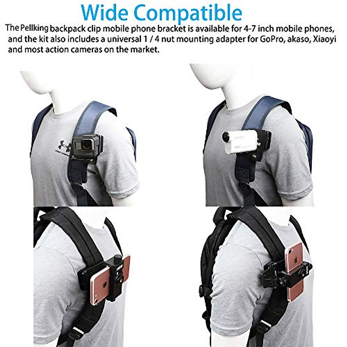 Backpack Clip Mount with Phone Holder Accessories for GoPro Hero 11 10 9 8 7 6 5 Black Akaso Sony Action Camera and iPhone Samsung Smartphones,Outdoor First View Live Video Shooting