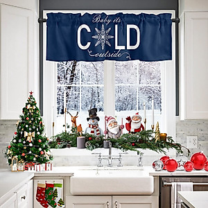 Kitchen Curtains Valances for Windows, Christmas Valance Curtains Rod Pocket Window Treatment Decor Valances for Living Room Bedroom Cold Winter Snowflakes Blue Backdrop, 1 Panel 54 x 18 Inch