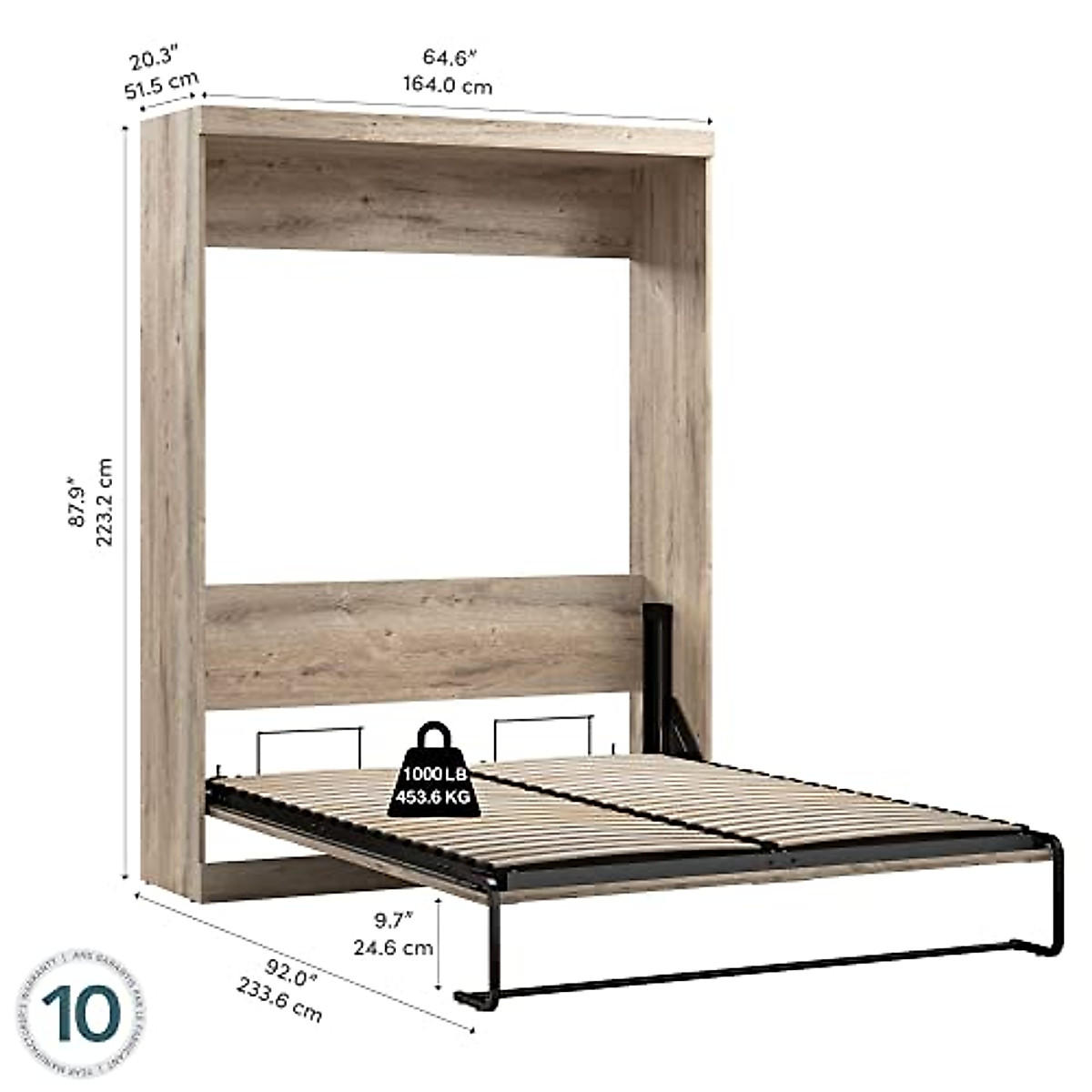 Bestar Pur Murphy, Space-Saving Wall Bed for Multipurpose Guest Room or Home Office, Queen, Rustic Brown