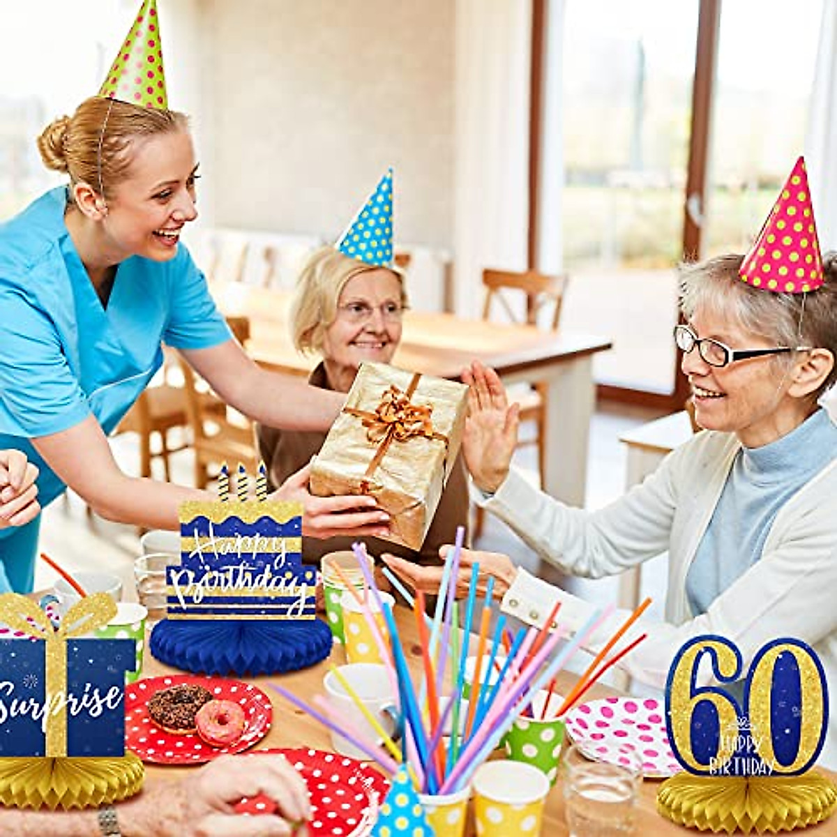 8 Pieces Gold and Blue 60th Birthday Table Centerpieces, 60th Birthday Honeycomb Table Centerpieces, 60th Birthday Table Decorations Birthday Party Supplies for 60th Table Birthday Decorations