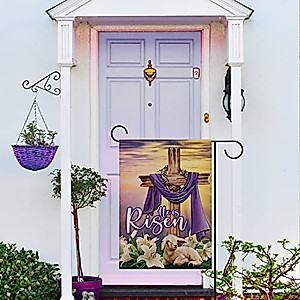 Artofy He is Risen Lamb Lily Flower Easter Home Decorative Garden Flag, House Yard Religious Cross Faithful Sheep Outside Decor, Spring Farmhouse Outdoor Small Burlap Decoration Double Sided 12 x 18