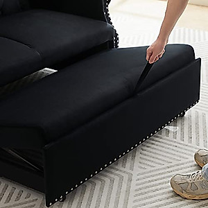 Goohome 55'' Velvet Pull Out Sleeper Sofa, Convertible Futon Couch Bed W/Adjustable Backrests, 3 in 1 Tufted Loveseat with Retro Rivet and 2 Lumbar Pillows, Small Love Seat for Living Room, Black