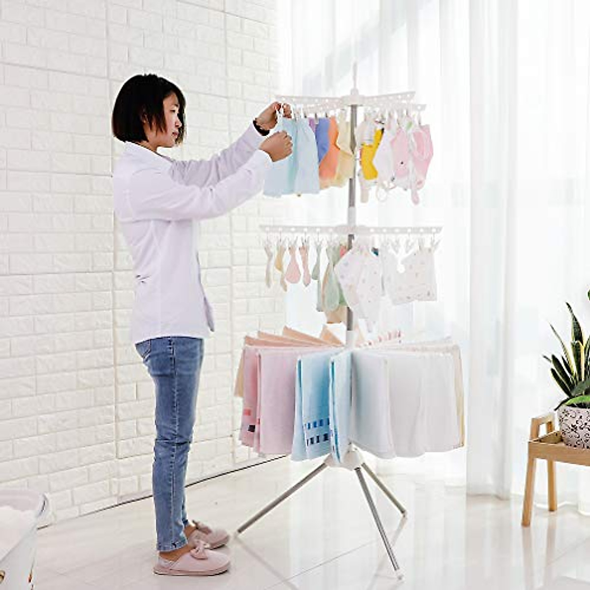 Hershii 3 Tiers Collapsible Clothes Drying Rack Folding Tripod Laundry Garment Storage Hanger Organizer Indoor Outdoor Space Saver with 48 Clips & 16 Towels Bars - Ivory