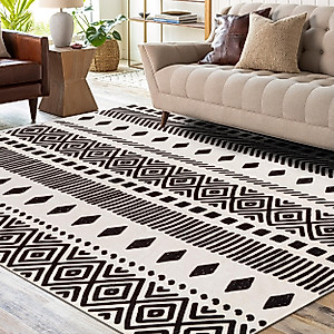 UBTKEY Living Room Area Rug 5x7, Ultra-Thin Non Slip Washable Farmhouse Rugs for Bedroom, Geometric Abstract Boho Area Rugs Large Floor Carpet for Home Office Decor (White/Black, 5' x 7')