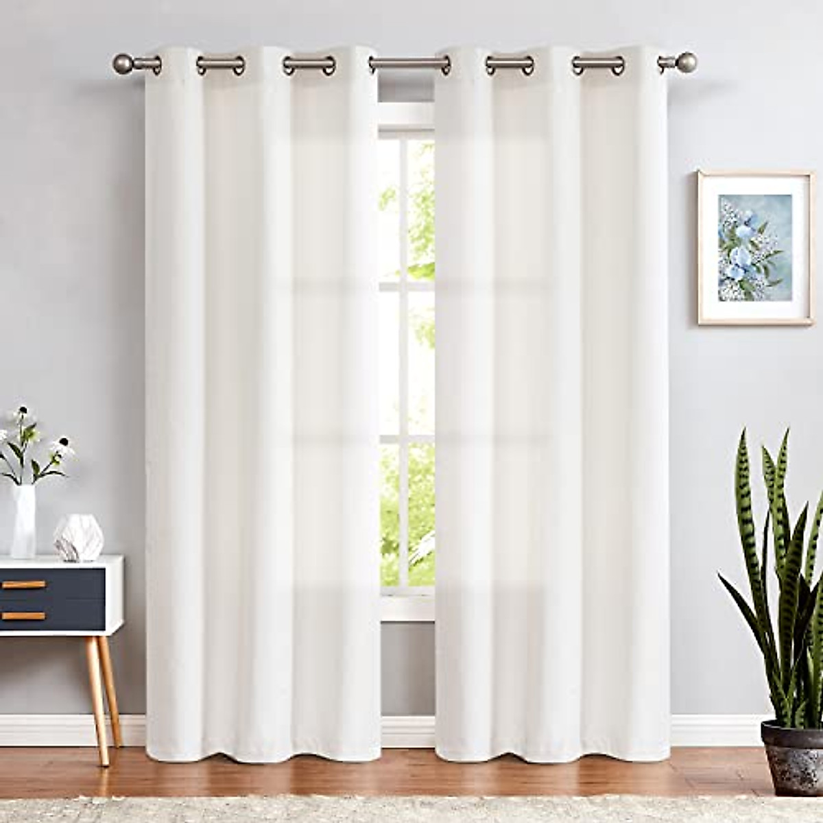 COLLACT White Curtains 84 Inch Length 2 Panels Set Linen Textured Casual Weave Living Room Curtain Light Weighted Drapes for Bedroom Grommet Top Light Filtering Farmhouse Window Treatments