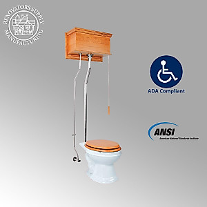 Renovators Supply Manufacturing High Tank Pull Chain Toilet with Light Oak Wooden Raised High Tank 59 in. to 74 in. Adjustable Height Chrome Z Pipe and Round Toilet Bowl
