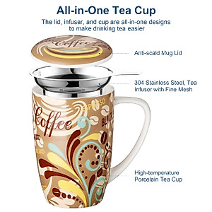 LOVECASA 16 OZ Tea Mug with Infuser and Lid, Tea Infuser Mug with Handle Ceramic Mug with Filter for Tea, Milk, Coffee, Loose Leaf Tea Infusers, Black