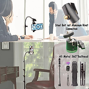 Phone Tripod, Phone Video Stand with Remote, Height Adjustable Ball Head, Gooseneck Phone Floor Holder for iPhone15, iPhone15 Plus, iPhone15 Pro, iPhone15 Pro Max, iPhone 14,14 Pro, Plus, 13, 12, 11