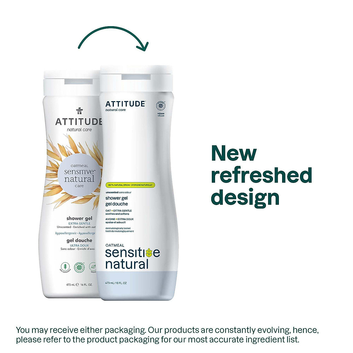 ATTITUDE Body Wash for Sensitive Skin with Oat, EWG Verified, Dermatologically Tested, Vegan, Extra Gentle, Unscented, 16 Fl Oz