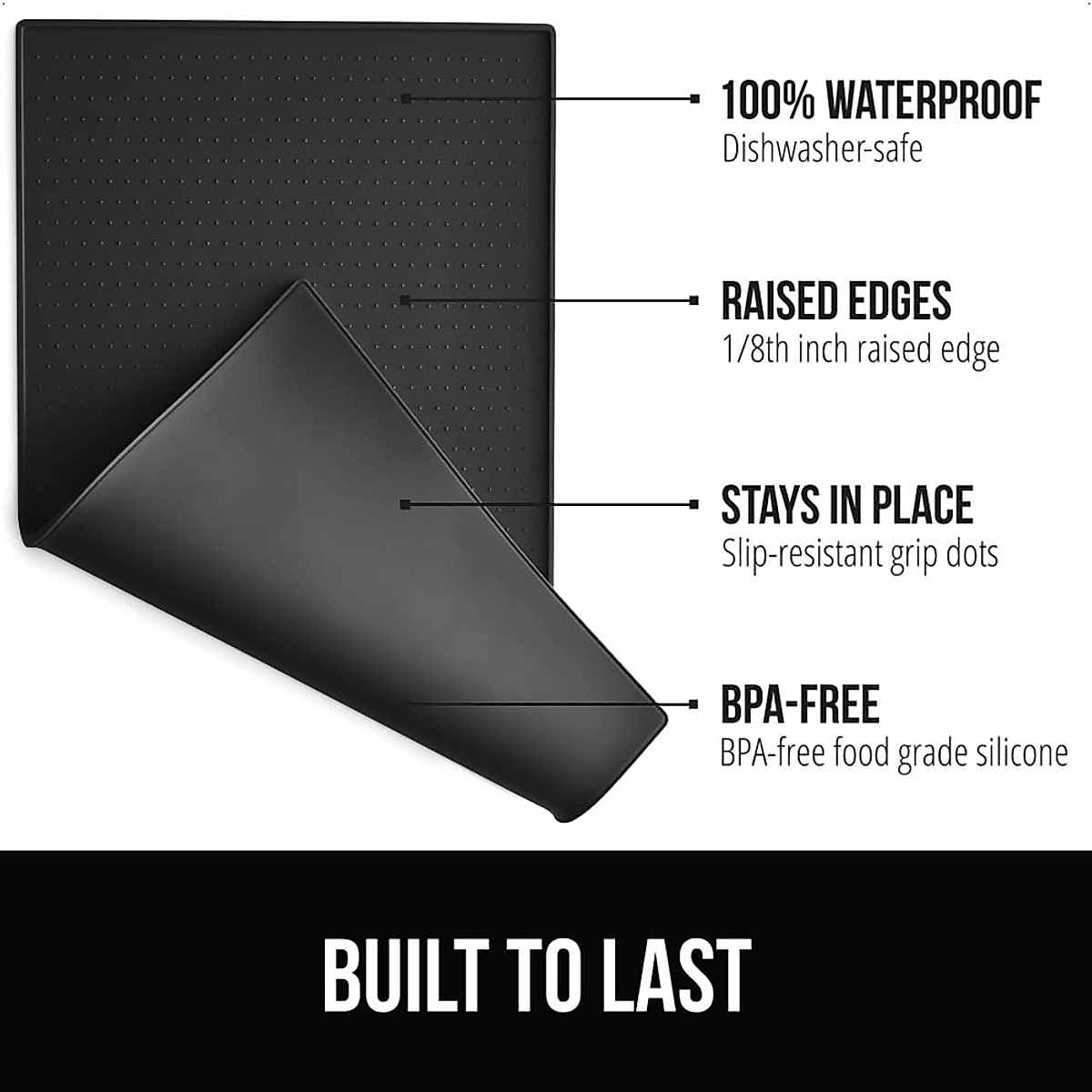 GORILLA GRIP 100% Waterproof Raised Edge BPA Free Silicone Pet Feeding Mat, Dog Cat Food Mats Contain Spills Protects Floors, Placemats for Cats and Dogs Water Bowl, Pets Accessories 18.5x11.5 Black