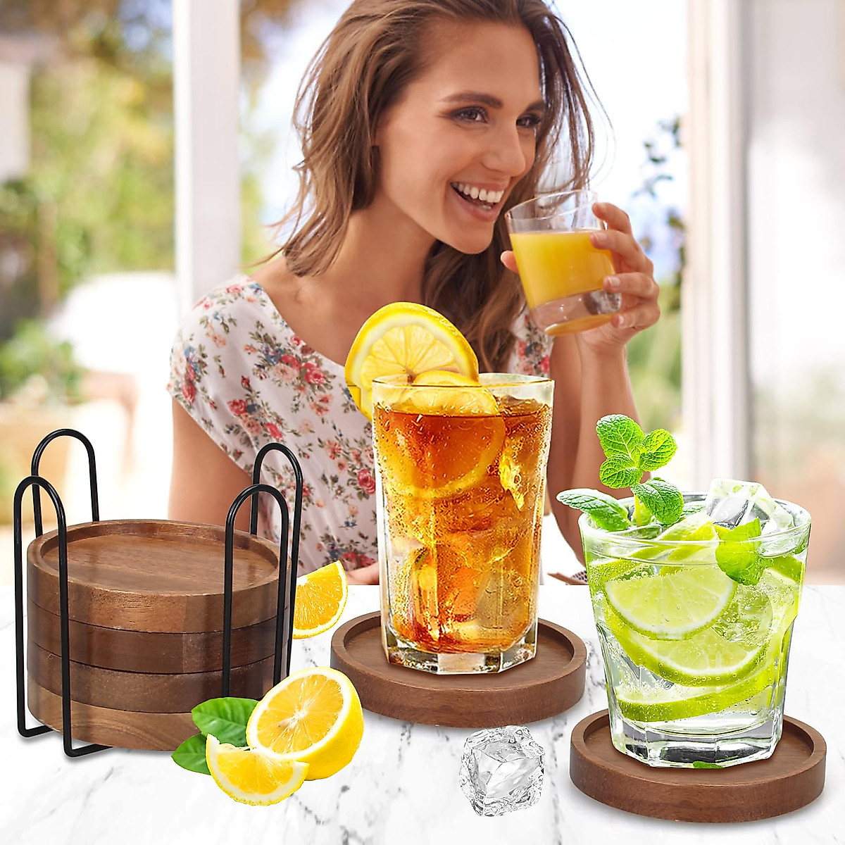 6 Pcs Best Wooden Coasters with Holder Coffee Table Coasters for Drink Acacia Wood Coaster Set Modern Cup Coasters Cute Beer Coaster Bar Coasters Decorative Beverage Rustic Outdoor Coasters