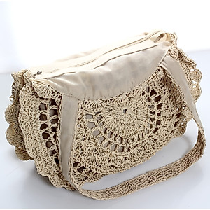 GK-O Lady Straw Tote Bags Round Handbag Crochet Wicker Rattan Boho Woven Beach Summer (Beige)