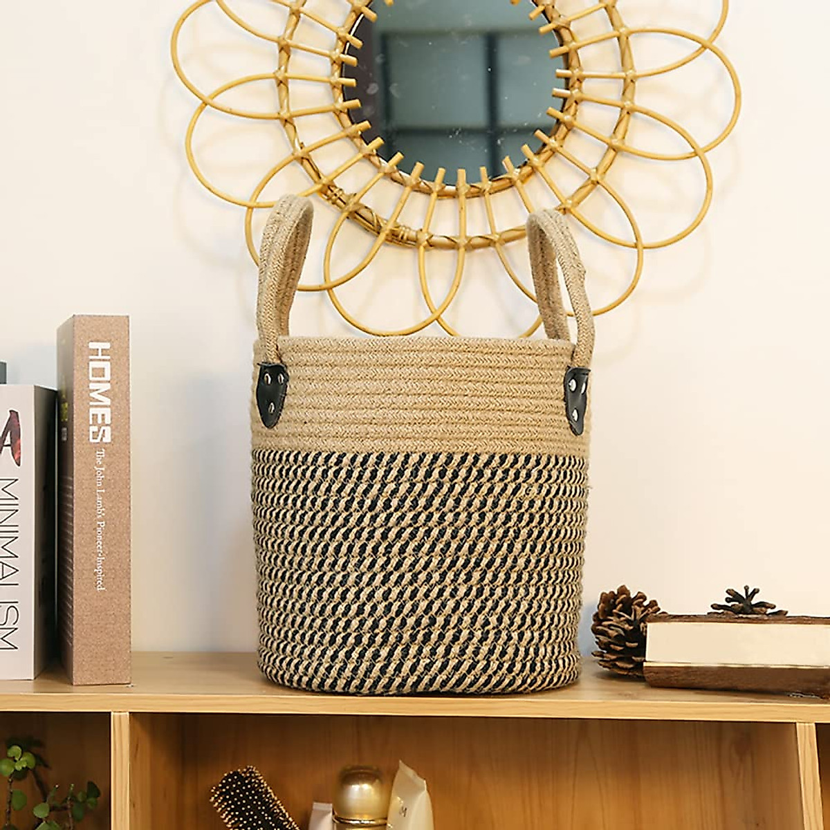 DOUBLE POMELO - Shelf Basket Jute Basket Woven Basket for Comforter Cushions Blanket Basket Toy Basket with Handle Laundry Hamper with Handle Brown and Black (11'' x 11'')