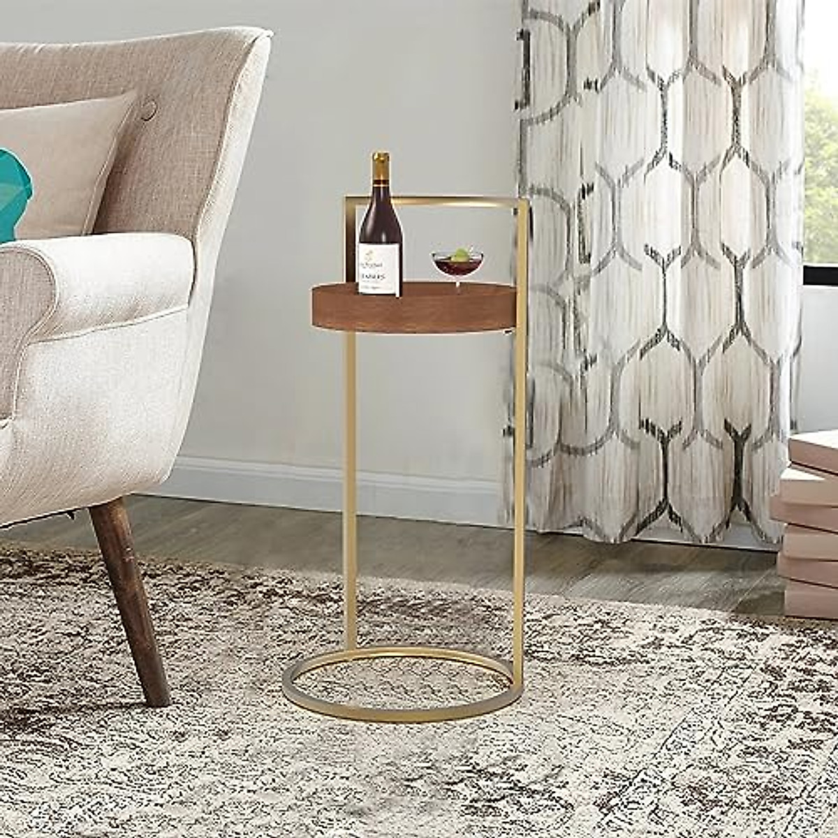 RiteSune Small Gold Round C Table with Handle, 28'' Tall Side Table Slide Under Couch with Brown Wood Top for Coffee and Snack Drink Tray