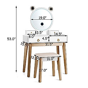 CHARMAID Vanity Set with Lighted Mirror, 3 Color Touch Screen Dimming Mirror with Display, 4 Drawers with Jewelry Organizer, Bedroom Makeup Dressing Table with Cushioned Stool