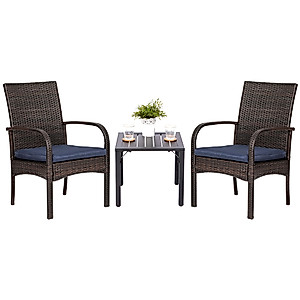 SAILARY 3-Piece Patio Bistro Set, Outdoor Garden Furniture Set: Square Metaltop Table & 2 Garden Wicker Chairs