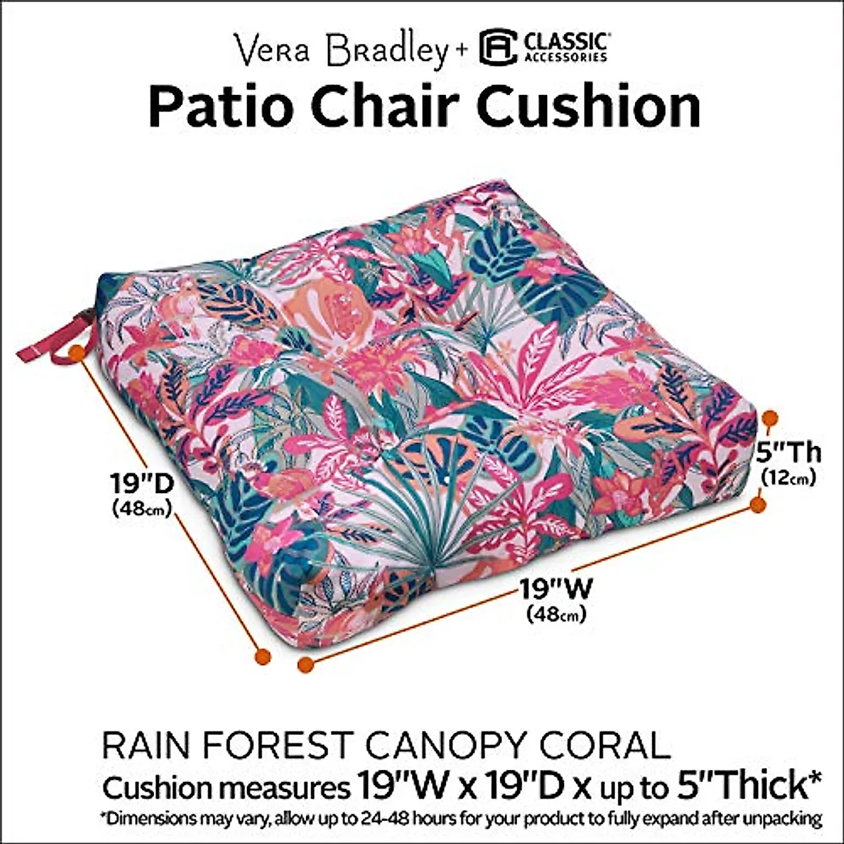 Classic Accessories for Vera Bradley Water-Resistant Patio Chair Cushions, 19 x 19 x 5 Inch, 2 Pack, Rain Forest Canopy Coral