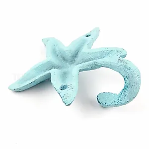 Cast Iron Starfish Bathroom Door Towel Hanger Nautical Key Towel Coat Hook Blue 3 1/2 inches wide Handmade Wall Artisan Art Vintage Decor For Home