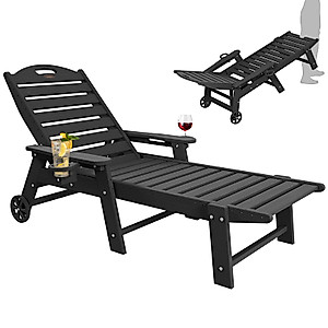 Chaise Lounge Chair Outdoor with Wheels, Double Cup Holders Adjustable 5-Position Chaise Lounge Outdoor with Wood Texture, Patio Lounge Chair for Poolside Backyard, Black