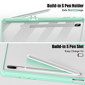 QitayoLife Hybrid Slim Case for Galaxy Tab S7 FE with Screen Protector, Clear Transparent Shockproof Back Cover with S Pen Holder Auto Wake/Sleep for Samsung Galaxy Tab S7 FE 12.4 Inch (Tea Green)