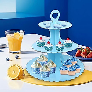 KINMRIS Blue Cake Stands Cardboard 3- Tier Dessert Cupcake Stand for Afternoon Tea 2 Pack, 3-Tier Cupcake Holder for Weddings, Birthday Party Supplies, Wedding Anniversary