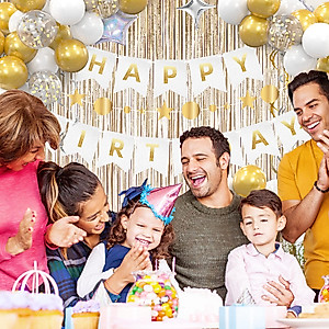 Gold Birthday Decorations - for Women Men Girls Boys,Gold White Party Decorations Set With Birthday Banner(Pre-Strung),Gold Foil Curtains,Gold White Confetti Balloons,Star Garland and Hanging Swirls.