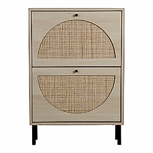 ZeHuoGe Natural Rattan Shoe Cabinet with 2 Flip Drawers, Modern 2-Tier Shoe Rack Storage Cabinet for Heels, Boots, Slippers, Free Standing Shoe Rack, Entrance Hallway (Natural)