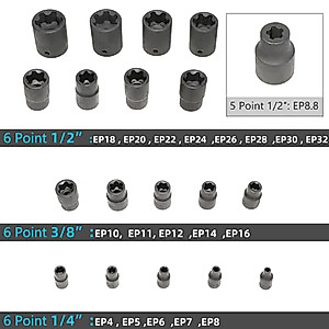 External Torx Plus Socket Set 6 Point EP Socket EP4, EP5, EP6, EP7, EP8, EP10, EP11, EP12, EP14, EP16, EP18, EP20, EP22, EP24, EP26, EP28, EP30, EP32 with 1/2'' 3/8'' 1/4'' Dr E-Torx Plus Socket 19pc