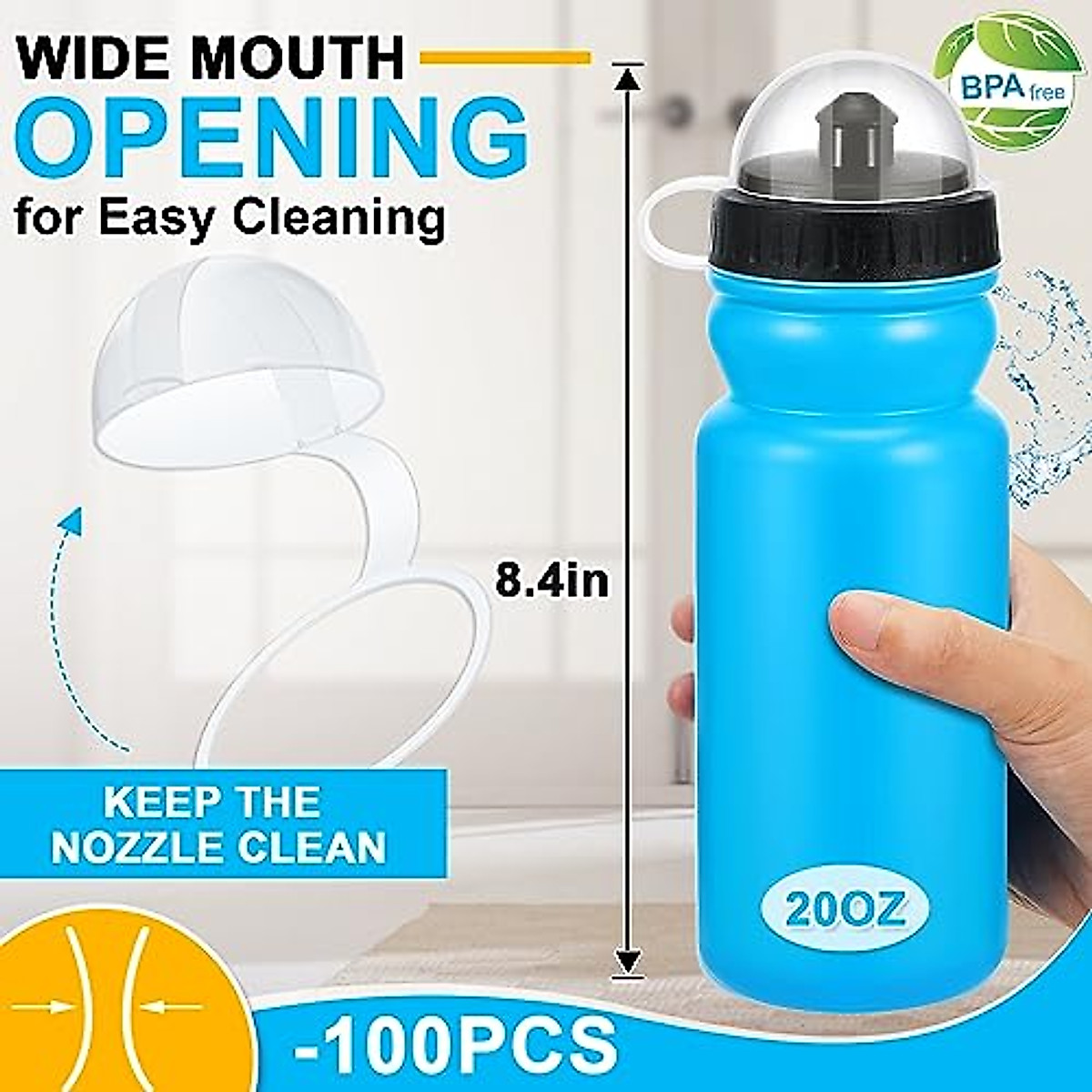 Mumufy 50 Pcs Sports Water Bottles Bulk 20 oz Plastic Water Bottles Reusable Mountain Bike Water Bottle Leakproof Blank Water Bottles for Sporting Events Boys Girls Adults (Light Blue)