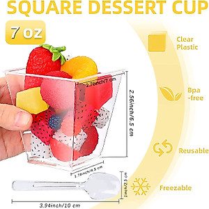 Pvieked 120 Pack 7 Oz Square Plastic Cups with Spoons, Appetizer Cups Clear Plastic Dessert Cups Small Tumbler Cups Disposable for Ice Cream, Fruit Puddings, Desserts, Wedding Party Catering Supplies
