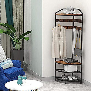 GiftGo Corner Hall Tree with Shoe Bench Entryway Coat Rack with 10 Metal Movable Hooks Freestanding Clothes Rack Shoes Shelf Organizer for Home Office Bedroom (Rustic Brown)