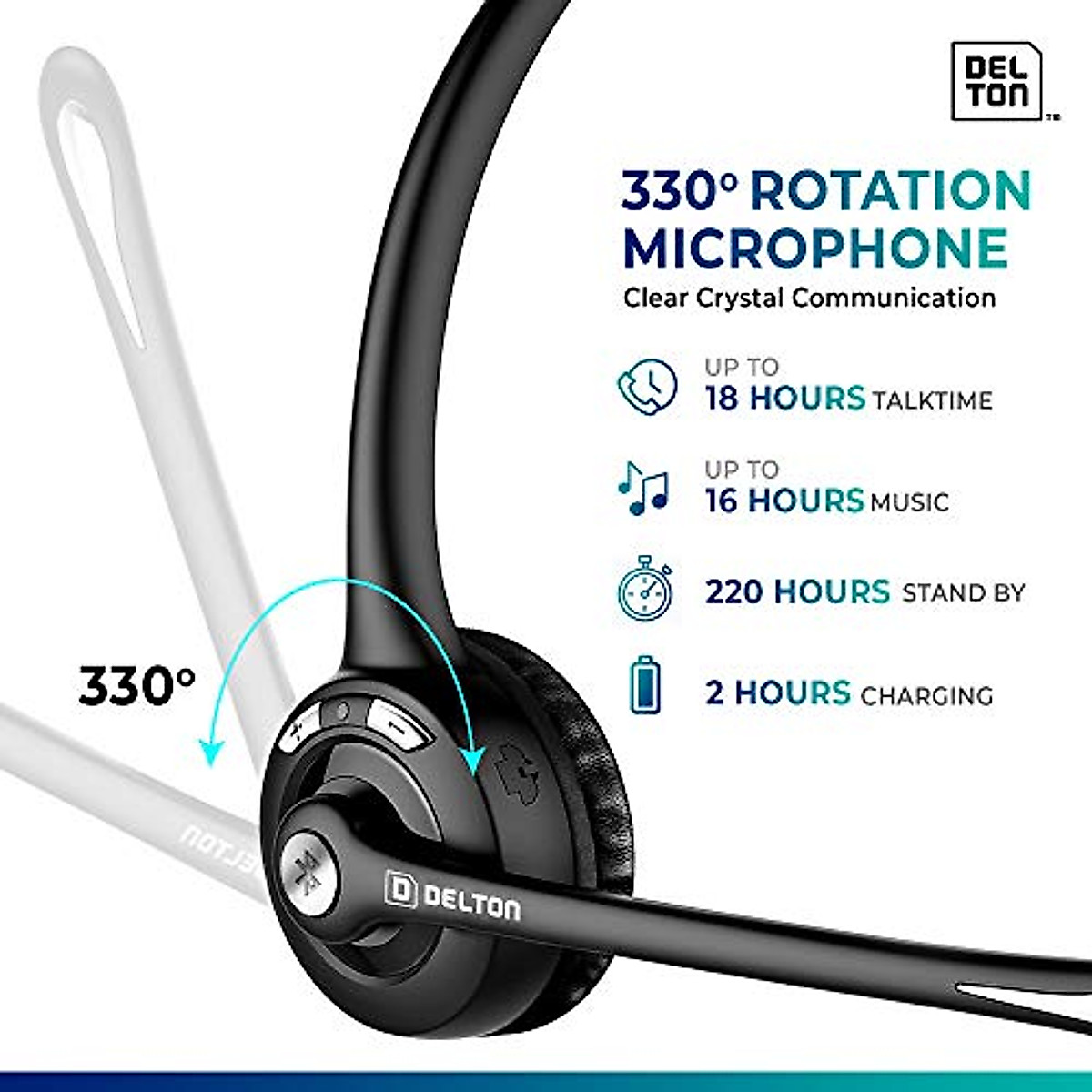 Delton Trucker Bluetooth Headset, Wireless Headphones w/Microphone, Headphones for Truck Driver, Wireless Over The Head Earpiece with Mic for Skype, Call Centers - 18Hr - 10 Pack