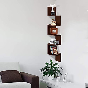 Halter Corner Shelf Wall Mount, 5-Tier Floating Wall Mount, Hanging Corner Shelf, Tall Corner Bookshelf, Rustic Wood, Zig Zag Shelving Unit, Floating Shelves for Bedroom Décor, Living Room, Bathroom