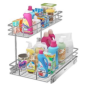 LOVMOR 2 Tier Pull Out Cabinet Organizer 10.5" W x 16.5" D Slide Out Under Sink Organizer Sliding Wire Shelves Storage for Kitchen Bathroom Cabinets