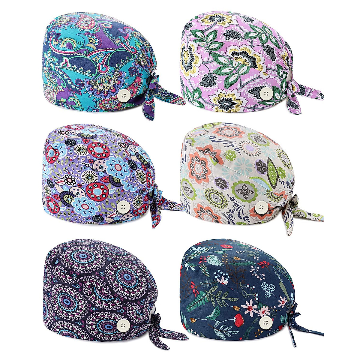 WAINIS 6 Pcs Cute Cotton Printed Working Cap with Button Sweatband Adjustable Tie Back Bouffant Hat for Women Men
