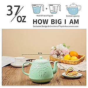 Toptier Leaf Teapot, Porcelain Tea Pot with Infuser and Lid, Blooming & Loose Leaf Ceramic Teapot, 37 Ounce, Light Green