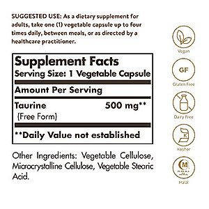 Solgar Taurine 500 mg, 250 Vegetable Capsules - Antioxidant - Brain & Heart Health - Amino Acid - Vegan, Gluten Free, Dairy Free, Kosher, Halal - 250 Servings