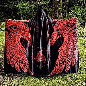 URGAID Norse Viking Odin's Raven Totem Hooded Blanket, Wearable Soft Cozy Flannel Cloak, Home Leisure Sofa Bedding Wrap Cape (Color : Red, Size : 150 x 200CM)