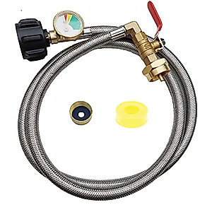 4FT/48 Inch Propane Refill Adapter Hose with Gauge Stainless Braided QCC1 Type Inlet Extension Propane Refill Hose with ON/Off Control Valve for 1LB Propane Gas Tank 350PSI High Pressure Camping