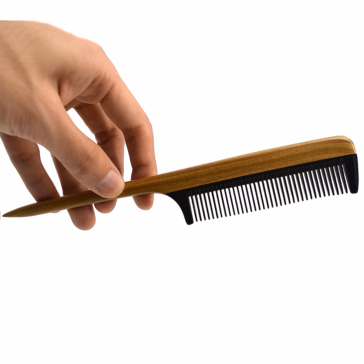 MAYMII Natural Black Buffalo Horn Green Sandalwood Wood Handmade Hair Comb No Static Wooden Top Tooth Teasing Tail Comb