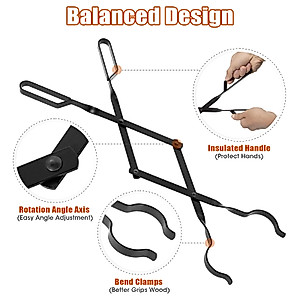 AGM Fireplace Tongs, 26" Fire Pit Accessories Firewood Tongs, Log Grabber for Thick logs, Heavy Duty Wrought Iron Fire Pit FireTongs, Campfire BBQ Stove Log Tweezers, Outdoor/Indoor Fire Pit Tools
