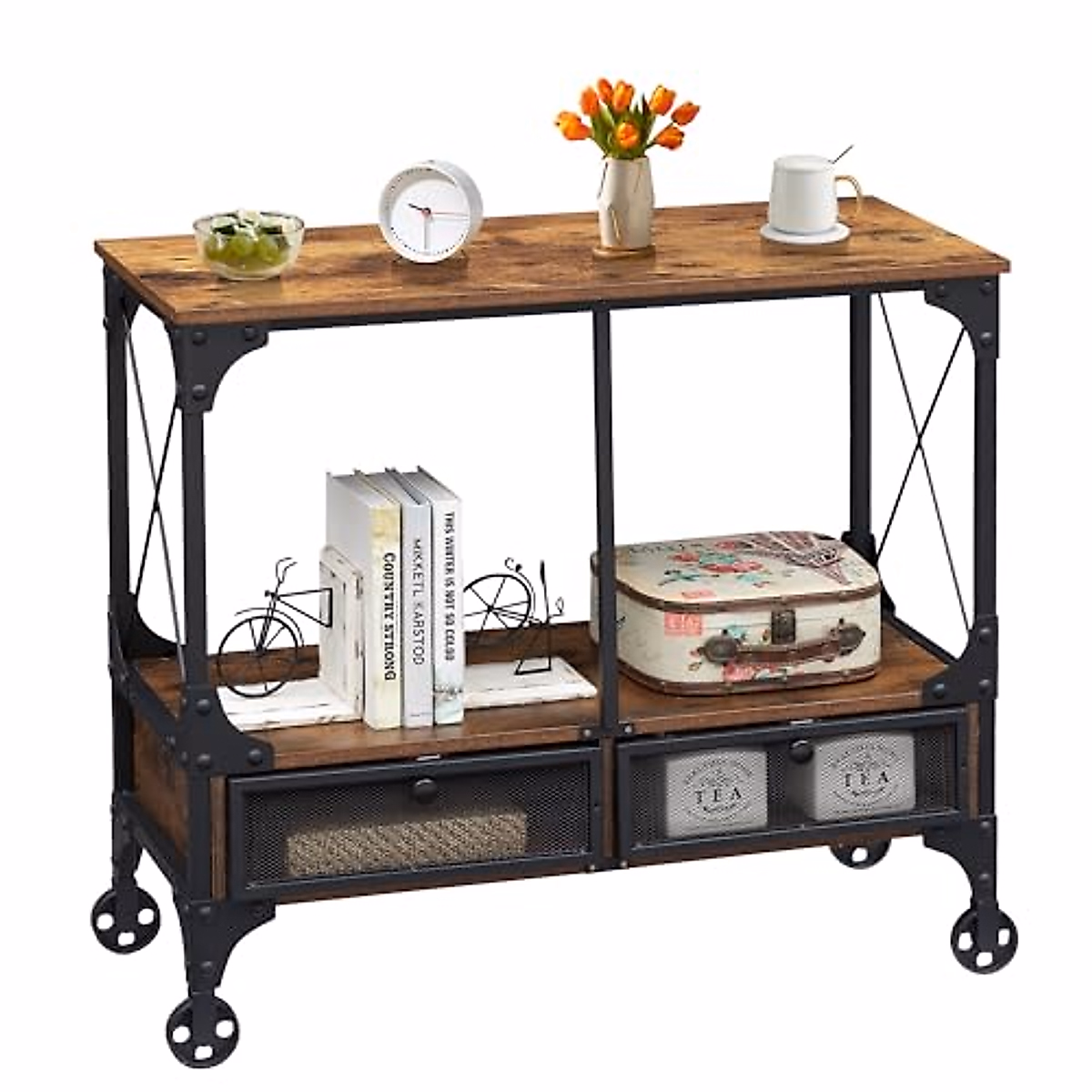 VECELO Console/Sofa Tables with 2 Tiers Open Storage & Drawers for Entryway Hallway/Living Room/Farmhouse, Easy Assembly,Rustic Brown, Industrial Style