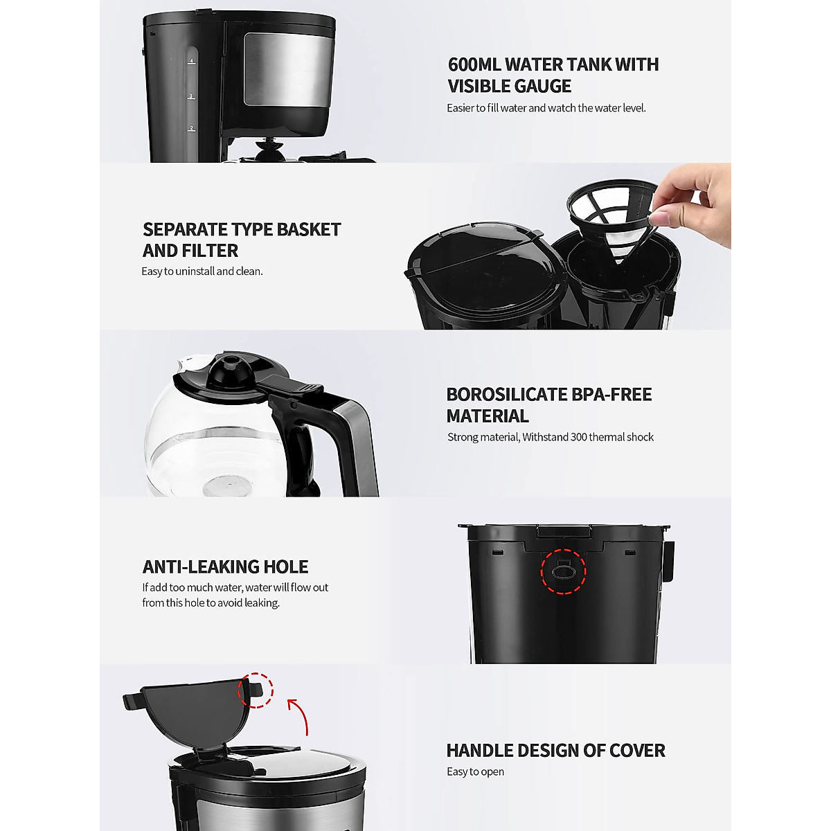 Gevi 4-Cup Coffee Maker with Auto-Shut Off, Small Drip Coffeemaker Super Automatic Espresso Machines Compact Coffee Pot Brewer Machine with Cone Filter, Glass Carafe and Hot Plate