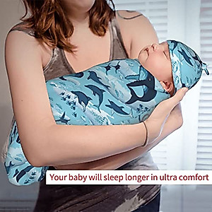 Sea Waves Dolphins Sharks Whale Octopus Newborn Swaddle Blankets Baby Wrap Blanket Soft with Beanie Hat Sets Gifts for Infant Boy Girl