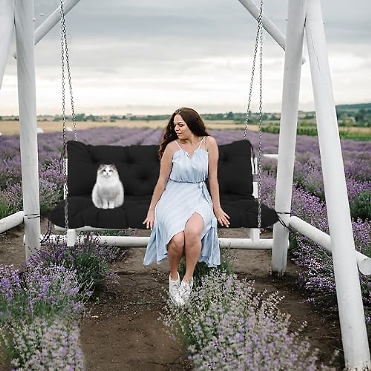 Boaisdus Swing Cushions 3 Seater Replacement Waterproof Porch Swing Cushions with Backrest and 8 Ties Thicken 4" Bench Cushion Replacement Patio Swing Cushion for Outdoor Furniture(Black 60x40in)