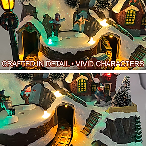 allgala Crafted Polyresin Christmas House Collectable Figurine with USB and Battery Dual Power Source-Moving Train and Skaters-XH93445