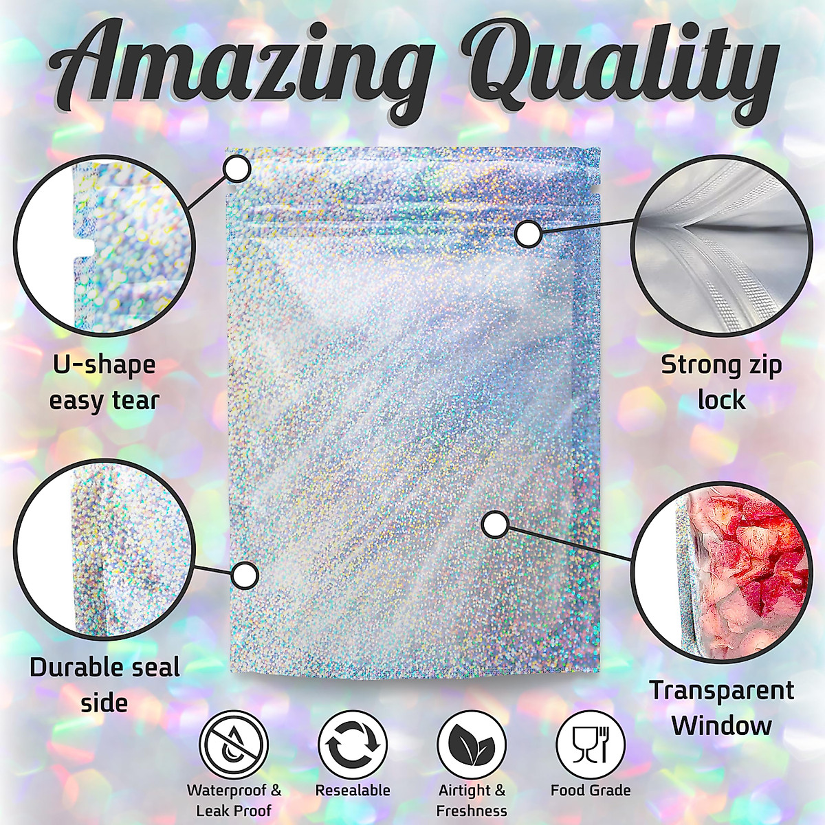 Resealable Black STANDUP Mylar Hologram Metallic Amazing Bags 5 * 8 inches. 100 Pk – Airtight, Waterproof, Zip Lock seal-Opaque Foil Pouch. Food Grade Bags Long shelf-life Storage (Large Black-Metal)