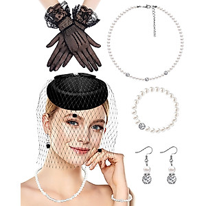 Pillbox Hat with Veil Vintage Fascinators Hats Set 20s 50s Pearl Top Hat for Women Cocktail Tea Party Wedding